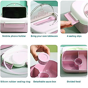 2 Set 1.5L Bento Lunch Box Kit for Adult, 4 Compartment Leak Proof Lunch Containers Snack Boxes with Fork & Spoon, BPA Free, Food Prep Storage Containers To Go for Travel Work Daycare, Green+Pink
