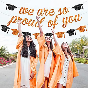 Orange We are So Proud of You Banner Glitter Orange and Black Grad Cap Garland for 2023 Senior High School College Graduation Grad Party Supplies