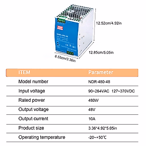 DynMach NDR-480-48 Industrial DIN Rail Power Supply 480W, 48V, 10A, High-Efficiency 93%,90-264VAC Universal Input, Reliable & Durable for Advanced Manufacturing, Automation & Scientific Research