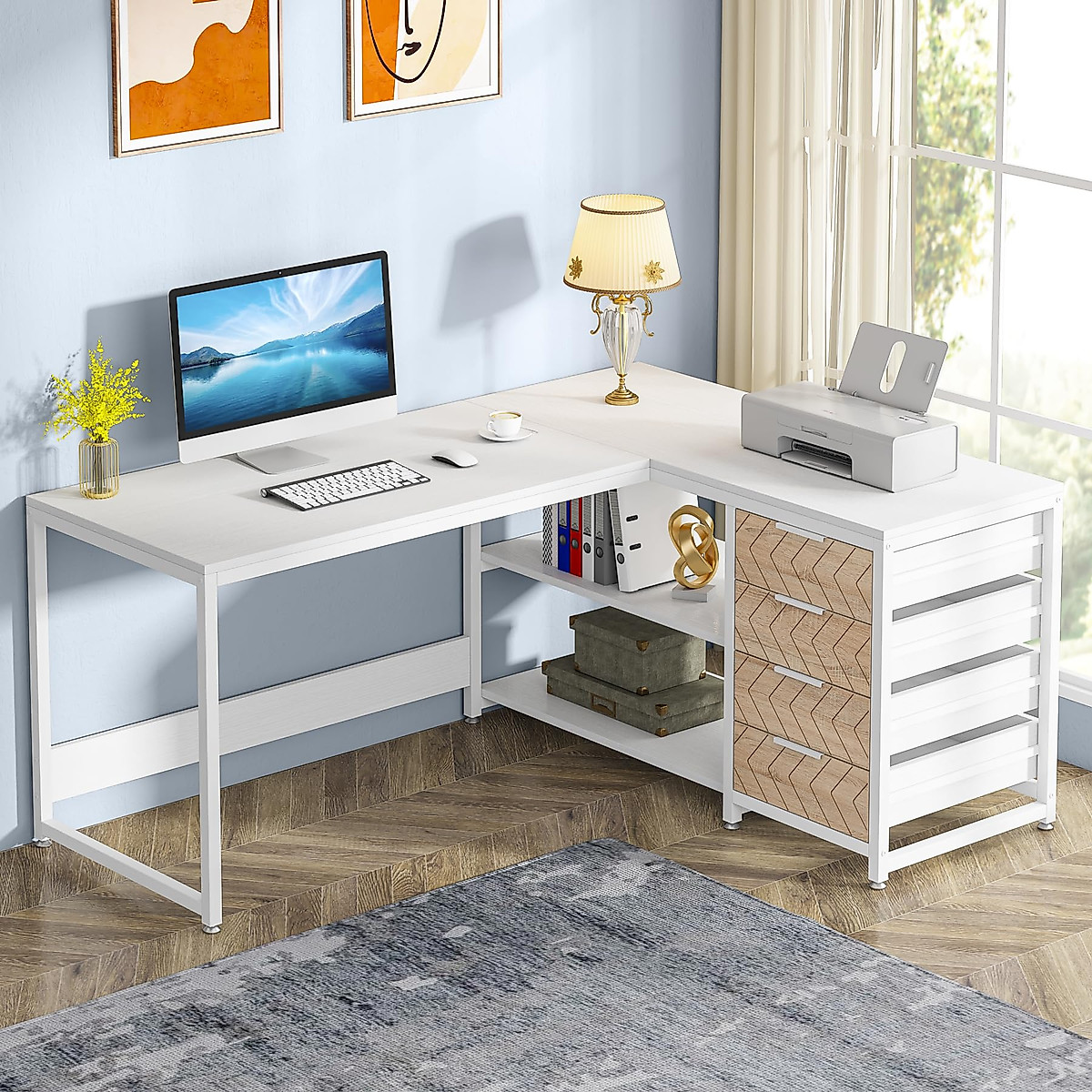 Tribesigns L Shaped Computer Desk with Storage Drawers, 59 inch Corner Desk with Shelves, Reversible L-Shaped Office Desk Study Writing Table Workstation for Home Office, White