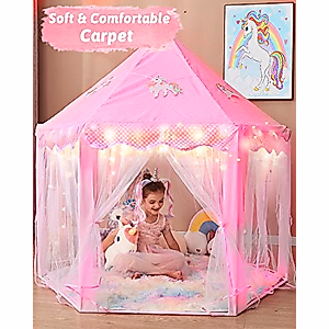 AÖARLO Princess Play Tent with Rainbow Rug and Lights, Odorless Princess Tent for Girls 3-7, Indoor Play Tent Toy House, ASTM Certified Mosquito Prevention, 55'' X 53'' (DxH)