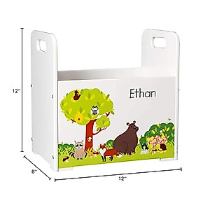 Fox Valley Traders Personalized Kids Wooden Book Caddy, Customized Children’s Book Storage Bin, Woodland Animals Design