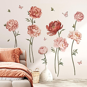 wondever Pink Peony Rose Flower Wall Stickers Boho Floral Peel and Stick Wall Art Decals for Girls Bedroom Living Room TV Wall