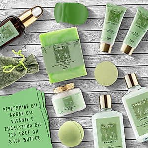Tea Tree Bath Set - Luxury Home Spa Set with Calming Mint Fragrance – 15 pc Relaxation Gift Basket with Tea Tree Bath Oil,Shower Gel, Bubble Bath, Handmade Soap, Steamer Tablet, Potpourri & More