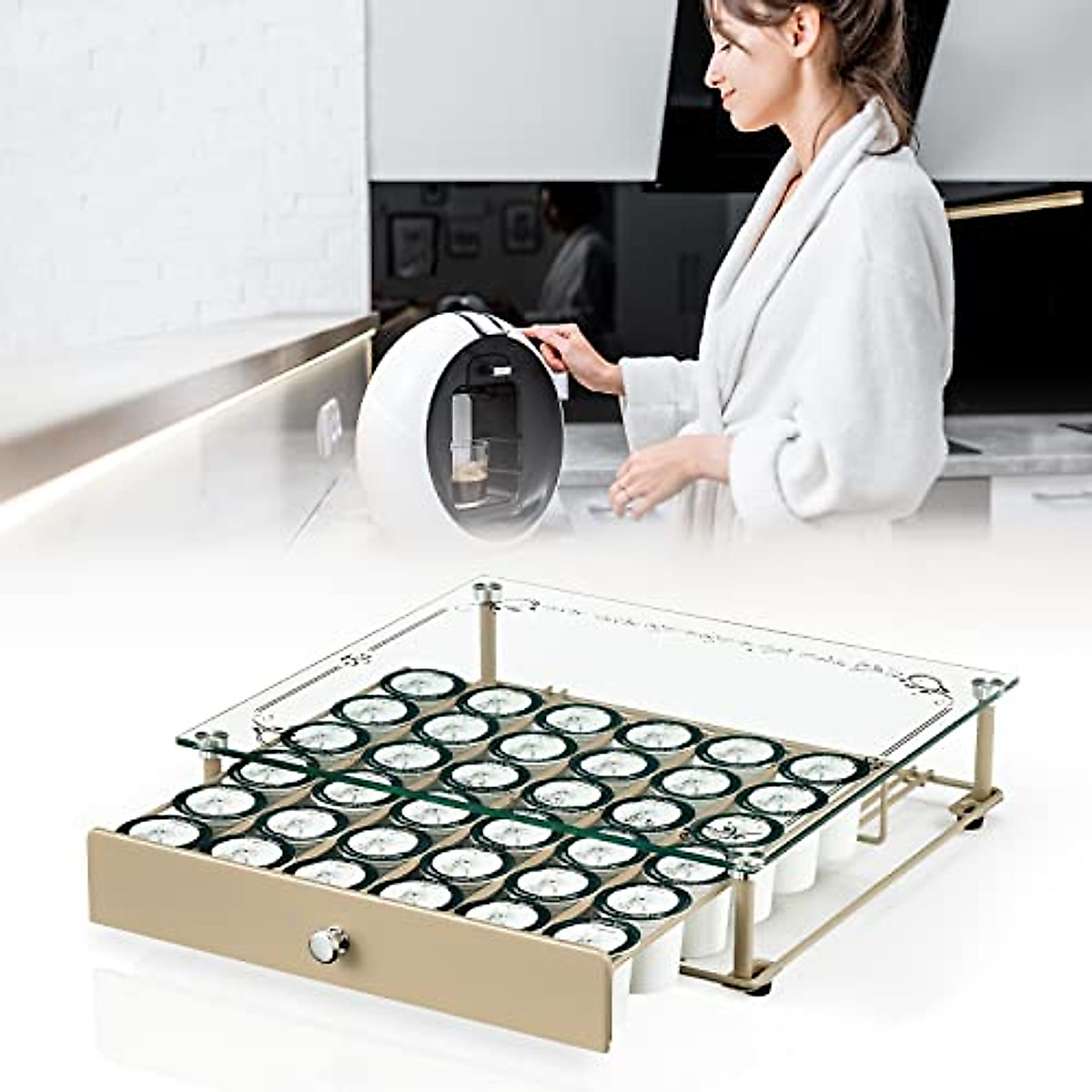 Coffee Pod Holder, Tempered Glass Top Coffee Pod Drawer Compatible with k cup Coffee Pods, Holds 36 Pods Coffee Pod Storage Drawer Organizer for Coffee Shop Office Kitchen Counter 14 × 13 × 3 in
