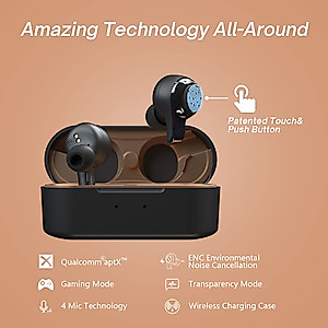 Jabees] Firefly Vintage Bluetooth Wireless Gaming Earbuds - Noise Cancelling Waterproof Headphones with 4 Mic for Call & Music - 40Hr Playtime with Charging Case, Low Latency, aptX, ENC(Black)