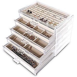 Frebeauty Extra Large Acrylic Jewelry Box for Women 5 Layers Clear Jewelry Organizer Velvet Earring Box with 5 Drawers Rings Display Case Necklaces Holder Tray for Women Girls (Beige)