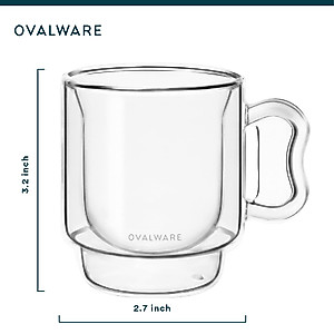 ovalware RJ3 Espresso Coffee Glass Cups 4oz/120ml (Set of 2) Double Walled Glass Cup w/Solid Butterfly Handle- Elegant Borosilicate Espresso Shot Mug - Stackable Insulated Transparent Demitasse Glass