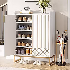Tribesigns White Shoe Cabinet, 25 Pair Shoe Cabinets with Doors, 5-Tier Modern Shoe Rack Organizer Cabinet, Freestanding Wood Shoe Storage Cabinet with Gold Metal Frame for Bedroom Hallway Living Room