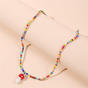 Colorful Beaded Mushroom Shape Pendant Necklace Handmade Seed Beads Sweet Fresh Mushroom Y Necklace Creative Bohemia Vaction Jewelry for Women-colorful