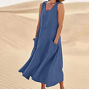 SMIDOW Womens Cotton Linene Beach Sun Dress Casual Loose Flowy Maxi Long Dresses Sexy Sleeveless Comfy Sundress Summer 2023