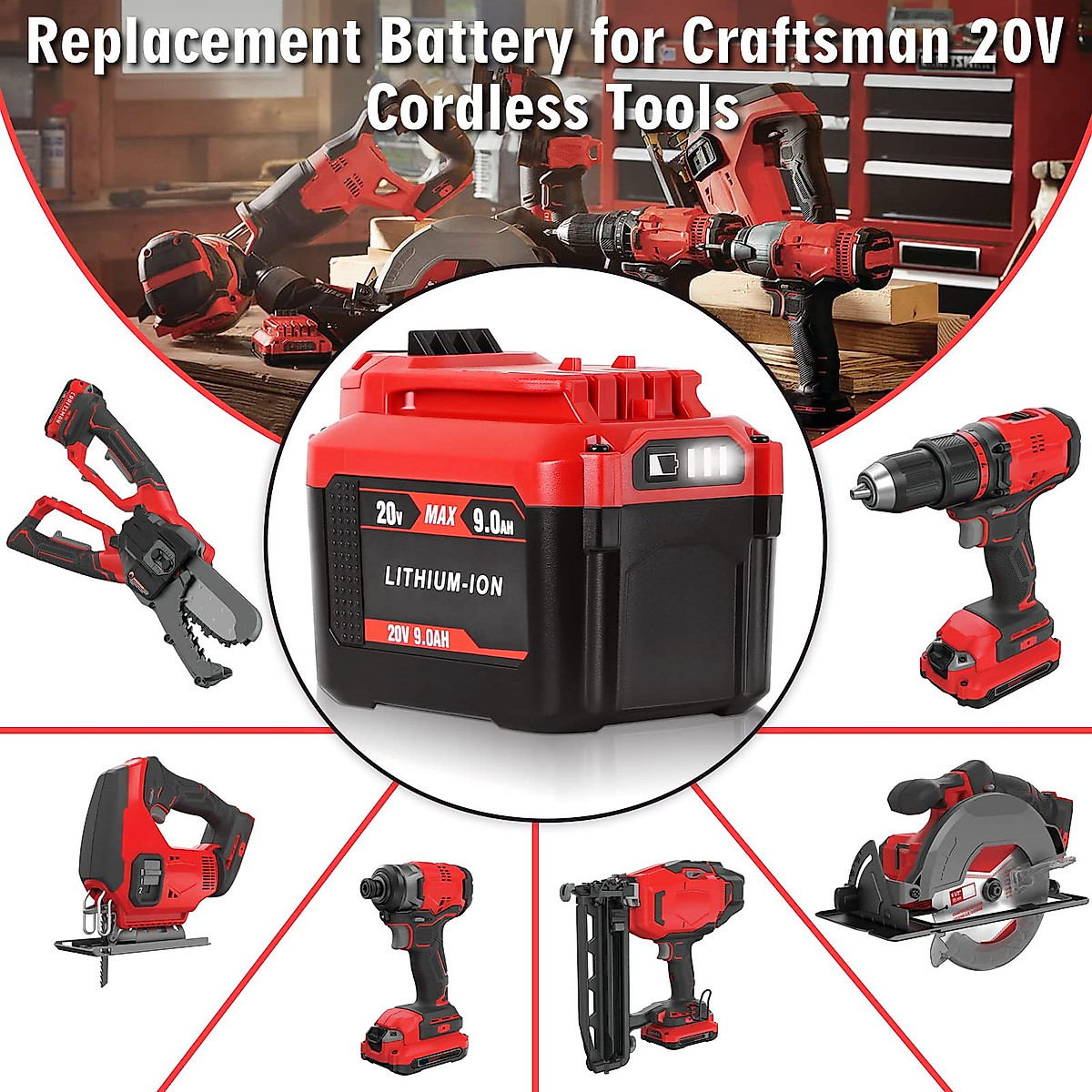 Jialitt CMCB202 20V 9.0Ah Replacement for Craftsman V20 MAX Lithium Ion Battery CMCB205 CMCB204 CMCB204-2 CMCB202-2 CMCB201 CMCB206 CMCS500B CMCD700C (Only for Craftsman 20V Max V20 Series)