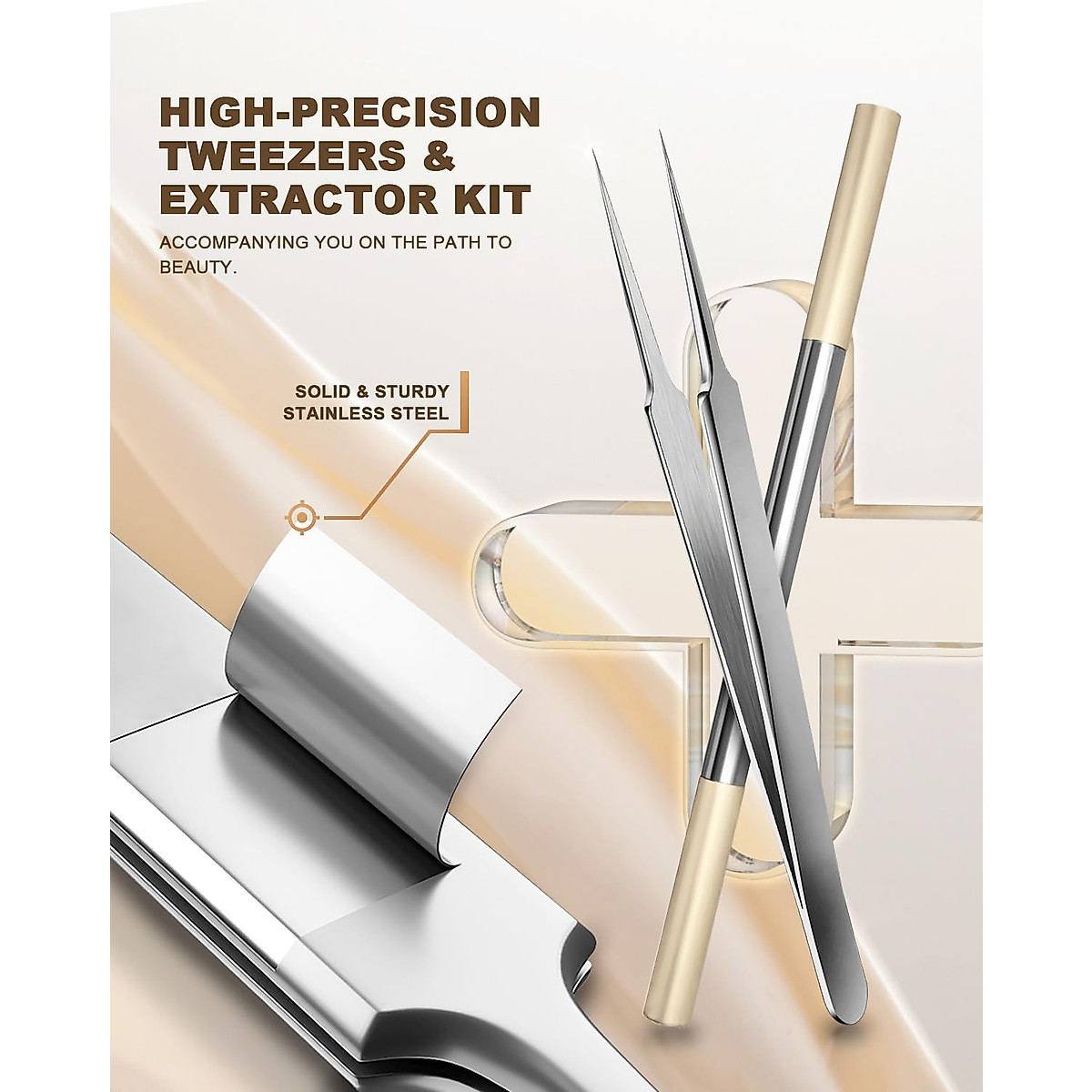 SGNEKOO Professional Facial Milia Removal Tool and Whitehead Extractor,Titanium Alloy Double Ended Needle and Steel Tweezers Kit,Blackhead,Blemish,Zit and Pimple Acne Remover Popper (Titanium Gold)