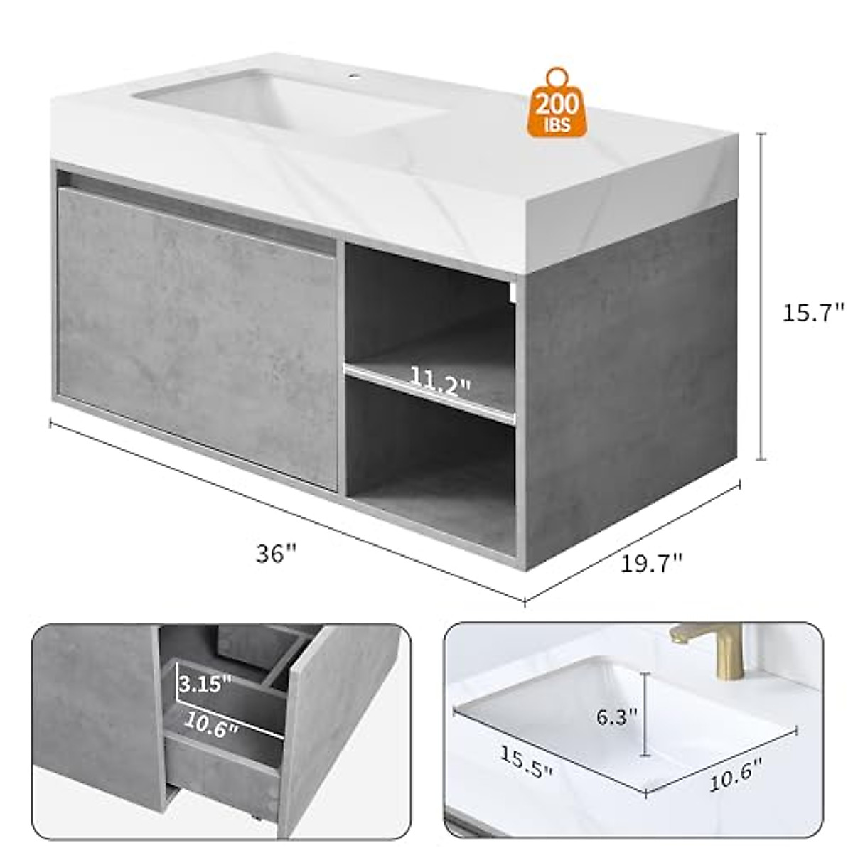 HERNEST 36 Inch Floating Bathroom Vanity Wall Mounted Bathroom Cabinet with Slate Tabletop, Ceramic Basin Sink and Storage Drawer Grey Small Floating Vanity Bathroom for Washroom