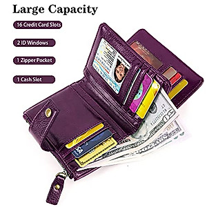 Simikol Small Wallet for Women, RFID Blocking Leather Compact Billfold RFID Blocking Zipper Wallet with ID Window,Purple Flowers