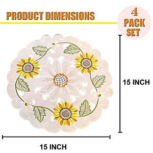 LeLehome Embroidery Sunflowers Cutwork Round Placemats, 4PCS 15" Home Kitchen Dining Autumn Summer Doily Tabletop Decoration