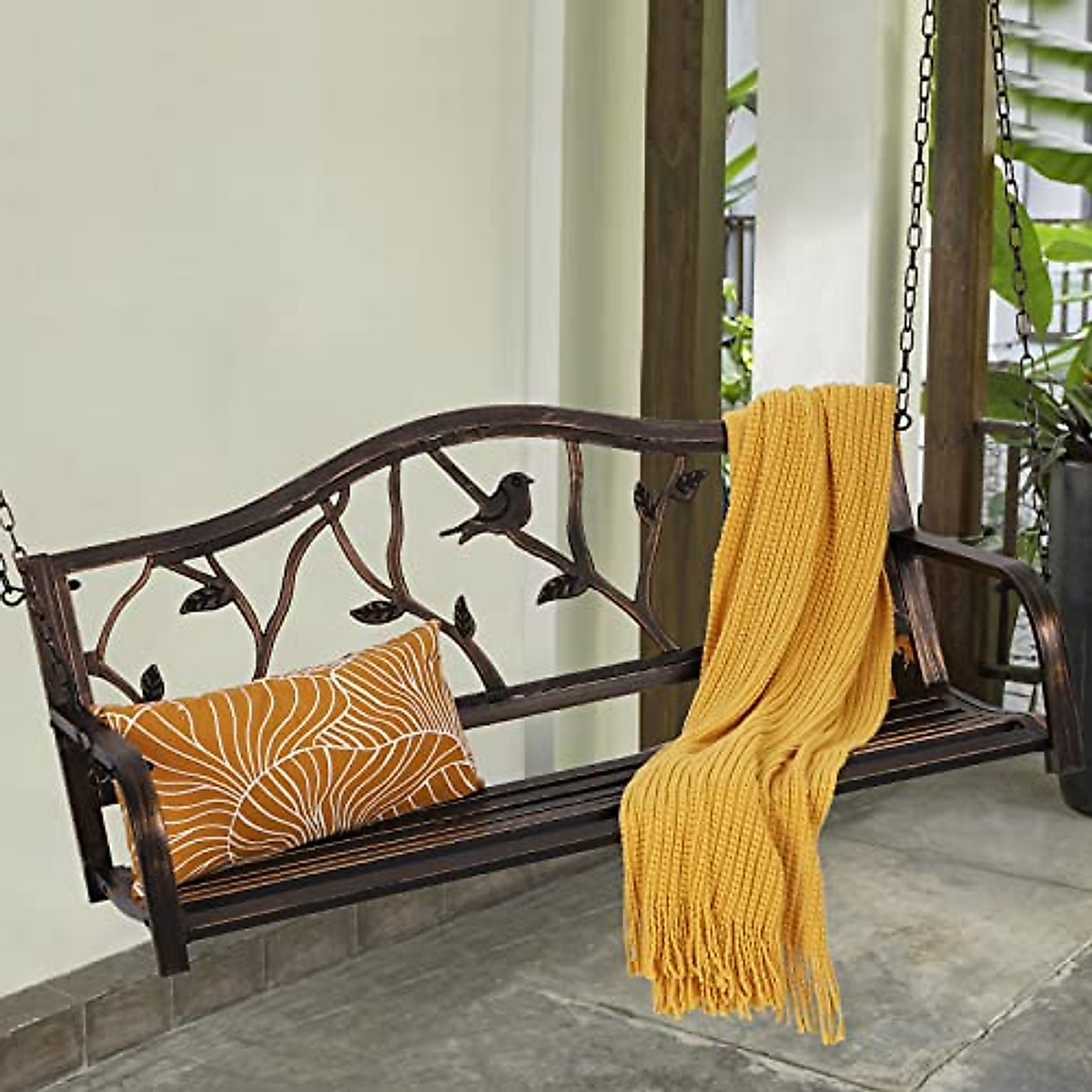 Sophia & William Outdoor Porch Swing Chair Hanging Patio Metal Bench Heavy Duty Swing Garden Bench with Bird Pattern Backrest, 450lbs Weight Capacity