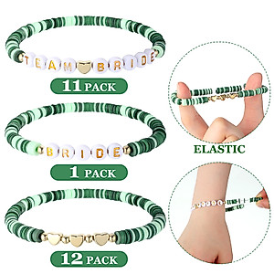 24 Pcs Team Bride Bracelet Bachelorette Party Accessories Bridesmaid Friendship Bracelet Polymer Clay Letter Bead Bracelet for Engagement Bridal Shower Wedding Favor(Sage Green)