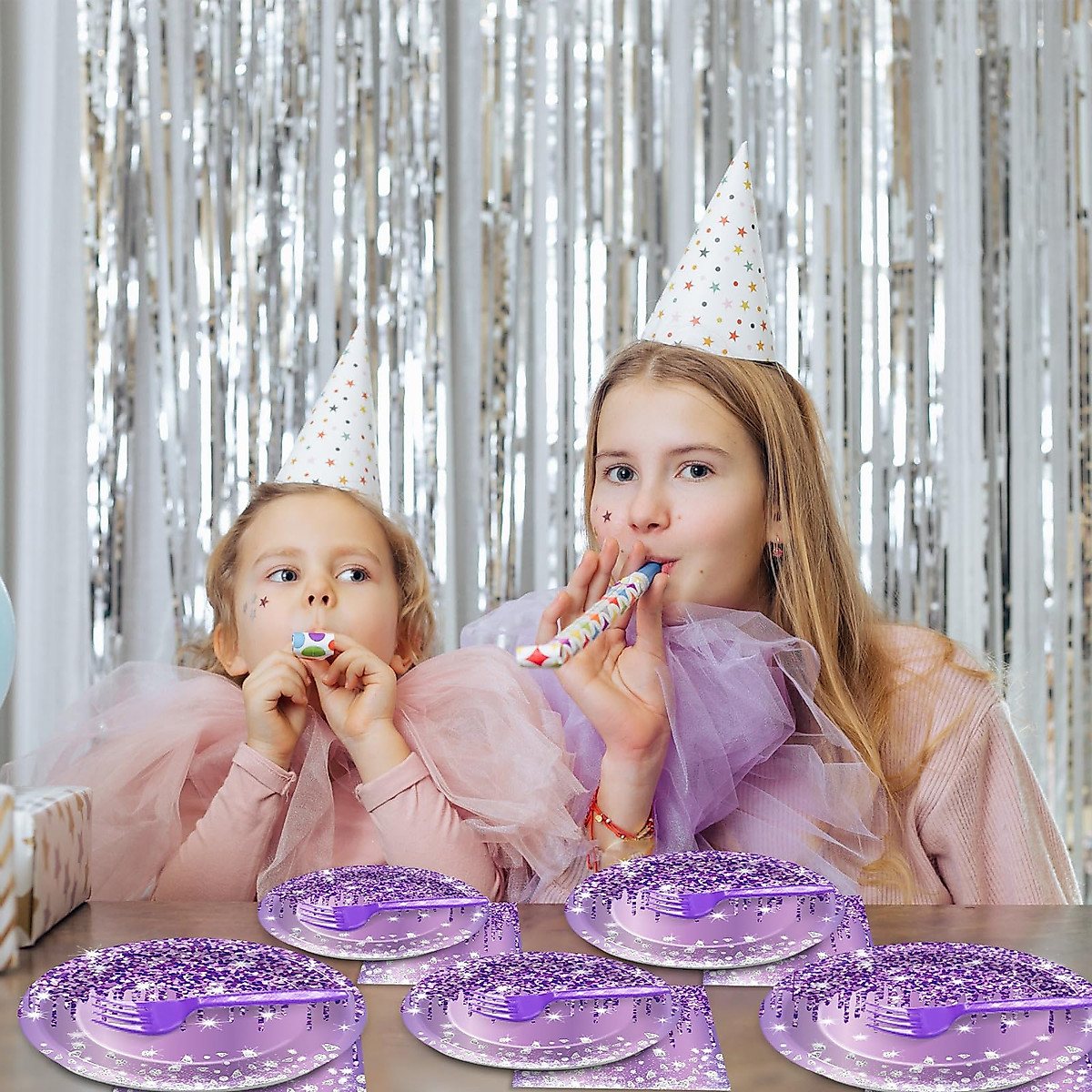 200PCS Purple Birthday Party Plates and Napkins Purple And Silver Birthday Party Decorations Purple Silver Party Tableware Set Serves 50 Guests Girls Ladies Women Wedding Birthday Party Favors