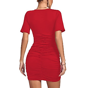 Rooscier Women's Sexy Deep V Neck Ruched Short Sleeve Bodycon Cocktail Mini Dress Red Medium