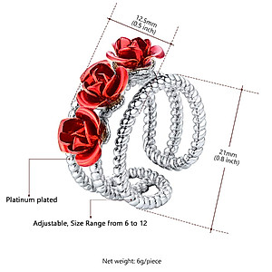 U7 Platinum Silver Statement Ring for Women, 3-Row Band Stacking Red Rose Flower Ring Cocktail Party Jewelry