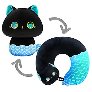 Caaaat Kids Travel Pillow, 2 in 1 Deformable Kids Neck Pillow with U-Shaped Pillow & Cute Cat Animal Reversible Plush Toy for Airplane, Car, Train