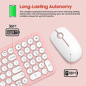 Wireless Keyboard and Mouse Combo, XTREMTEC Cute Compact Keyboard Pink Retro Round Keycap, Ultra Thin Quiet 2.4GHz Retro Kawaii Keyboard for Mac/PC/Laptop (Sakura Pink)