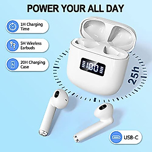 xinwld Wireless Earbuds, Bluetooth 5.3 Headphones with 4 Mics, Wireless Headphones ENC Noise Cancelling Earbuds, Ear Buds Wireless Bluetooth Earbuds,25H Playtime Wireless Earphones, LED Display, White
