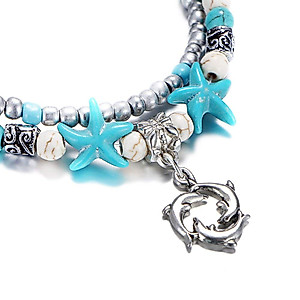 Softones Blue Starfish Turtle Anklet Multilayer Charm Beads Sea Handmade Boho Anklet Foot Jewelry for Women