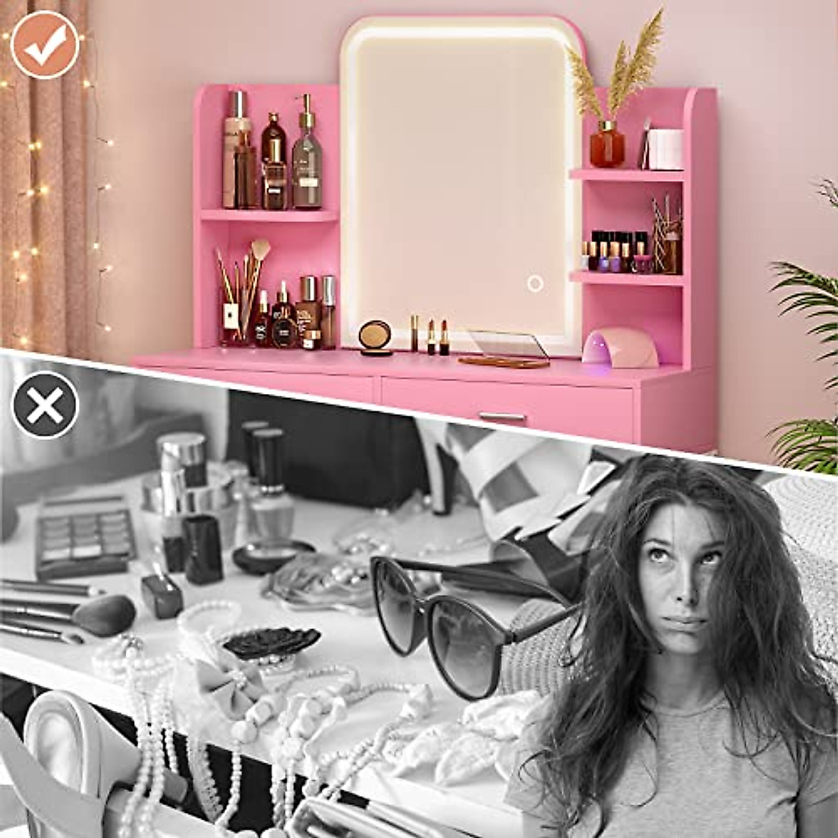 armocity Vanity Desk with LED Lighted Mirror, Makeup Vanity with Cushioned Stool, Vanity Table Set with 3 Color Lighting Options, Modern Dressing Table with 2 Storage Drawers for Bedroom, Pink