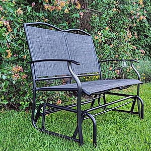 Backyard Expressions 2-Person Outdoor Glider Bench, Patio Double Swing Rocking Chair Loveseat w/Powder Coated Steel Frame for Backyard Garden Porch, Black Frame - Heathered Grey Sling Fabric