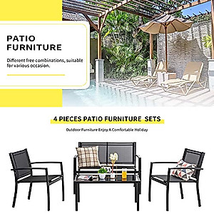 Shintenchi 4 Pieces Patio Furniture Set All Weather Textile Fabric Outdoor Conversation Set, with Glass Coffee Table, Loveseat, 2 Single Chairs for Home, Garden, Lawn, Porch（Black）