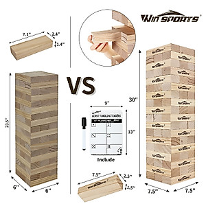WIn SPORTS Giant Tumbling Timbers - Yard Games Large Wooden Tumble Tower Blocks Stacking Yard Game, with 1 Dice Set &Stacks to Over 5 FT,Made from Premium Pine (7.5"x2.5"x1.5", 54 PCS)