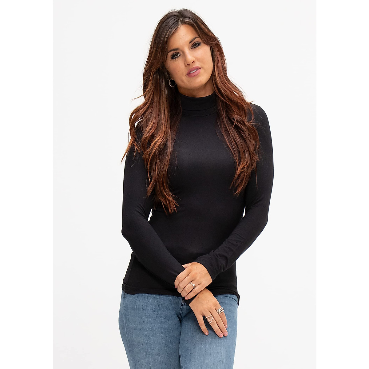 DEVOPS Womens 2-Pack Long Sleeve Mock Turtleneck Stretch Fitted Shirts (Black/Light Gray, Large)