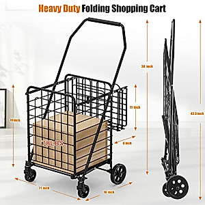 [2023 Upgrade] Shopping Cart with 360°Swivel Wheels,Waterproof Liner, Double Basket,Portable Foldable Grocery Cart, Folding Utility Shopping Carts for Seniors,Groceries,Laundry,Transport