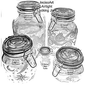 IncisoArt Hand Etched Glass Jar Airtight Canister Sandblasted (Sand Carved) Handmade Engraved Locking Wire Clamp Lid (Sun Moon Stars Planets, 38 Ounce)