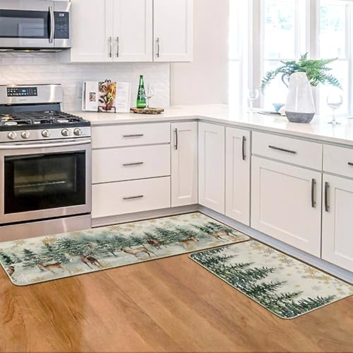 Artoid Mode Xmas Trees Deer Snowflakes Christmas Kitchen Mats Set of 2, Winter Home Decor Low-Profile Kitchen Rugs for Floor - 17x29 and 17x47 Inch