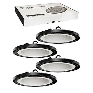 JACKYLED LED High Bay Light 150W Garage Light, 21,000LM 5000K with US Plug Shop Light，UFO High Bay Light with 6ft Cable for Gym Workshop Factory Warehouse Barn (Pack of 4)