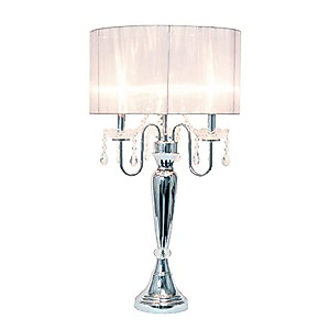 Elegant Designs LT1034-WHT Trendy Sheer Table Lamp with Hanging Crystals and Sheer Shade, White