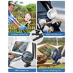 Portable Clip on Fan, Small Powerful Wind Cooling Desk Fan, 3 Speed Quiet Personal Fan with Clip, 360° Rotatable Battery Operated Rechargeable Mini Table Fan for Home Office Stroller Travel Camping