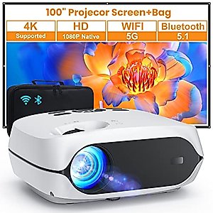 HAPPRUN Projector, 5G WiFi Bluetooth Projector, Native 1080P Portable Projector with Screen and Bag, Support 4K, Zoom, 300" Outdoor Movie Projector Compatible with iOS/Android/TV Stick/PS5