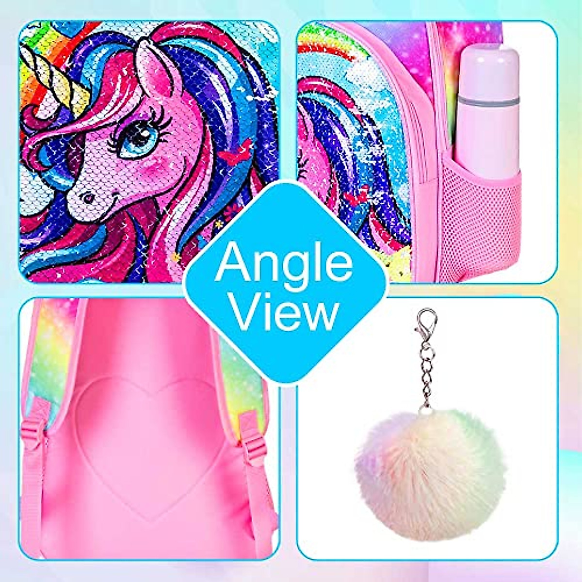 FTJCF 3PCS Unicorn Backpack, 16" Girls Rainbow Sequins Kids Bookbag with Lunch Box, School Bags for Elementary Preschool Kindergarten - Pink