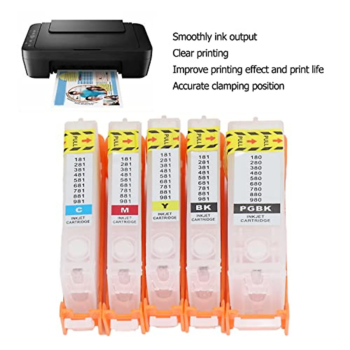 FTVOGUE 5Pcs Ink Cartridge PGBK BK C M Y Smoothly Operation Reusable Printer Ink Cartridge with Permanent Chip (280-281)