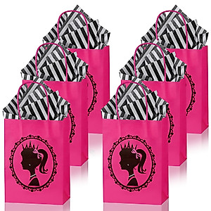 XUWAIDSGN Hot Pink Girls Party Favor Gift Bags with Stripe Tissue Paper Princess Paper Goodie Bags with Handles Cute Treat Bags for Birthday Theme Party Girls Party (12)