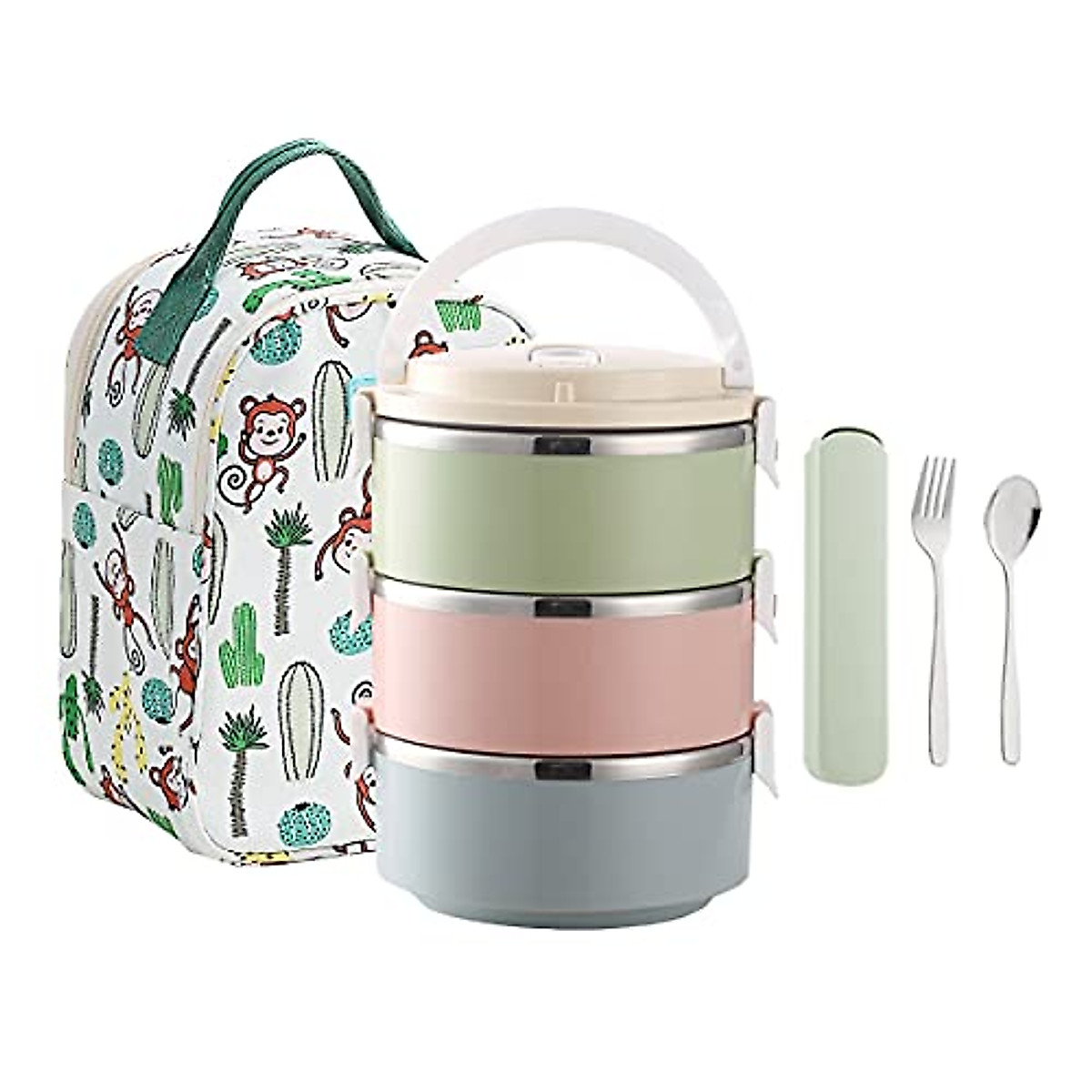 WORTHBUY Lunch Box Stainless Steel, Insulated Compartment Lunch Container For Hot Food, Spoon & Fork Set, Lunch Bag For Adults(Bpa-Free, 3-Tier)