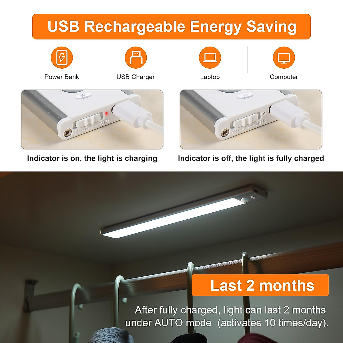 Okumoe [2 Pack] LED Motion Sensor Under Cabinet Lights, 36 LEDs Wireless Rechargeable Under Counter Light, 1500 mAh Battery Operated Smart Home Lighting for Kitchen, Closets, Wardrobe, Hallway