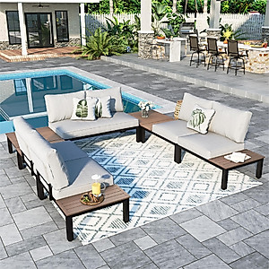 Sophia & William 7 Pieces Outdoor Patio Furniture Set, Metal Sectional Sofa Set Patio Conversation Set with Cushions-4 x Single Sofa with Side Table, 1 x Loveseat Sofa, 2 x Tea Table