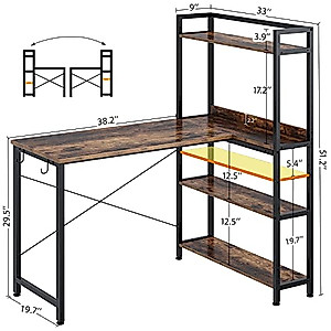 Rolanstar Computer Desk with Storage Shelves 47", Home Office Desk with 4-Tier Reversible Bookshelf, Rustic Writing Table Workstation, Study Corner Desk for Small Space, Rustic Brown