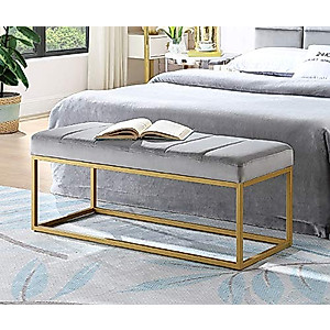 24KF Gray Velvet Upholstered Tufted Channel Bench, Velvet Cushion with Golden Metal Frame -Gray/Golden