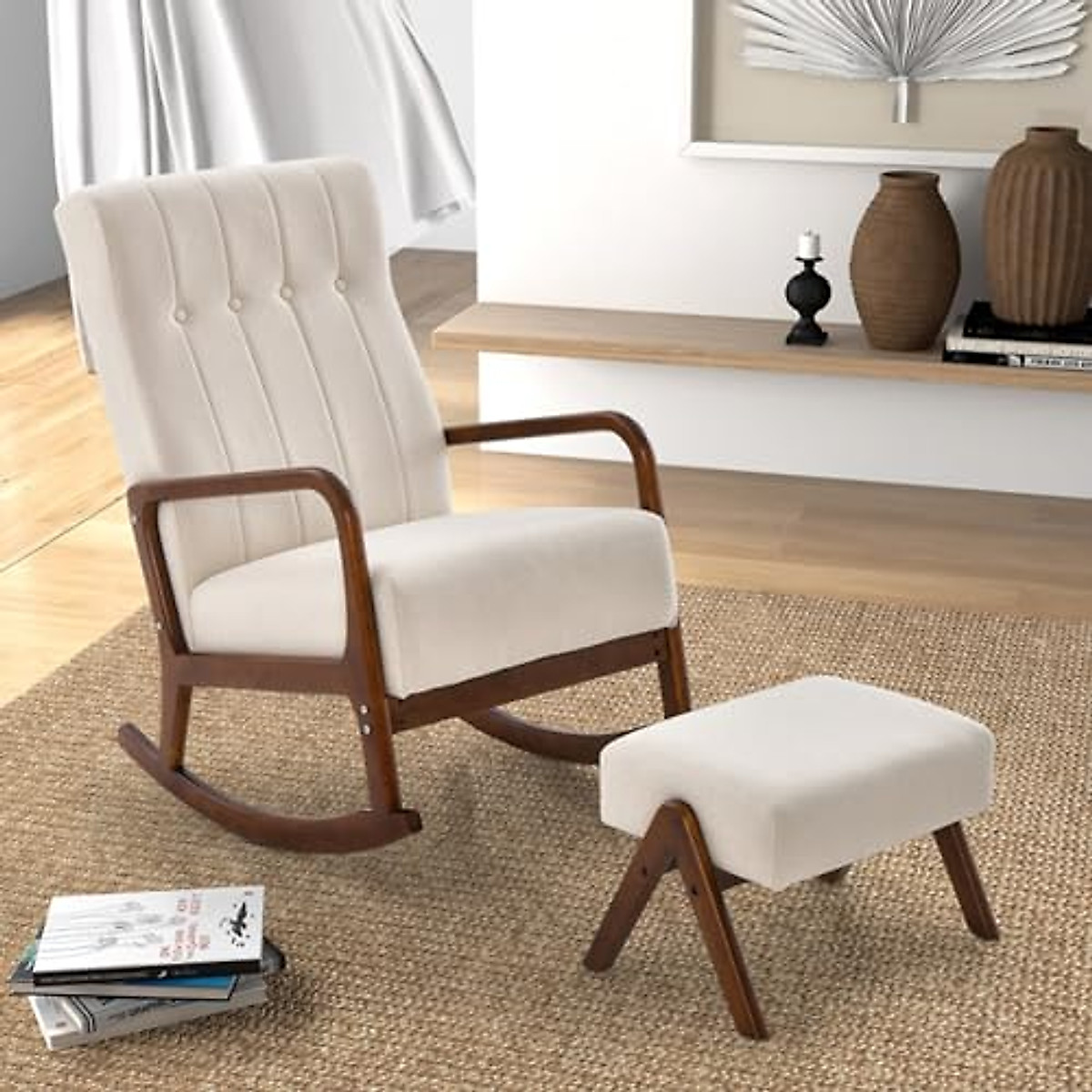 Upholstered Rocking Chair with Ottoman and Solid Rubber Wood Frame and Padded Cushion, Comfortable Rocker Solid Wood for Living Room (Beige)